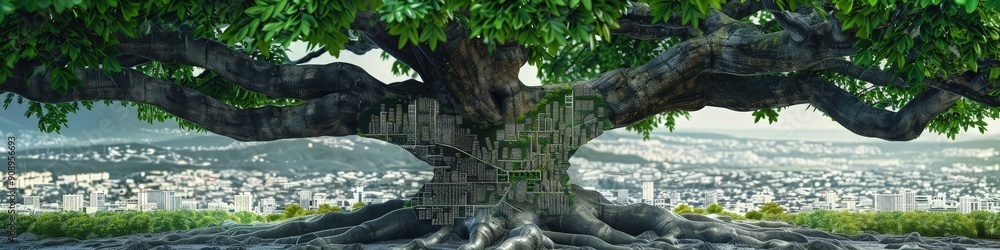 An image of a large, leafy tree with its roots transforming into a city ...