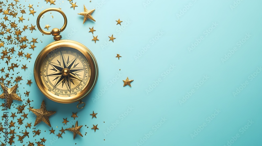 Vintage brass compass, light blue background, intricate star design ...