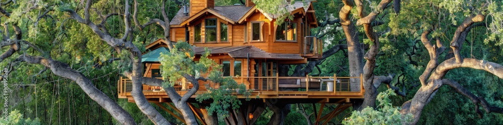 An innovative treehouse design featuring a multi-level wooden home with ...