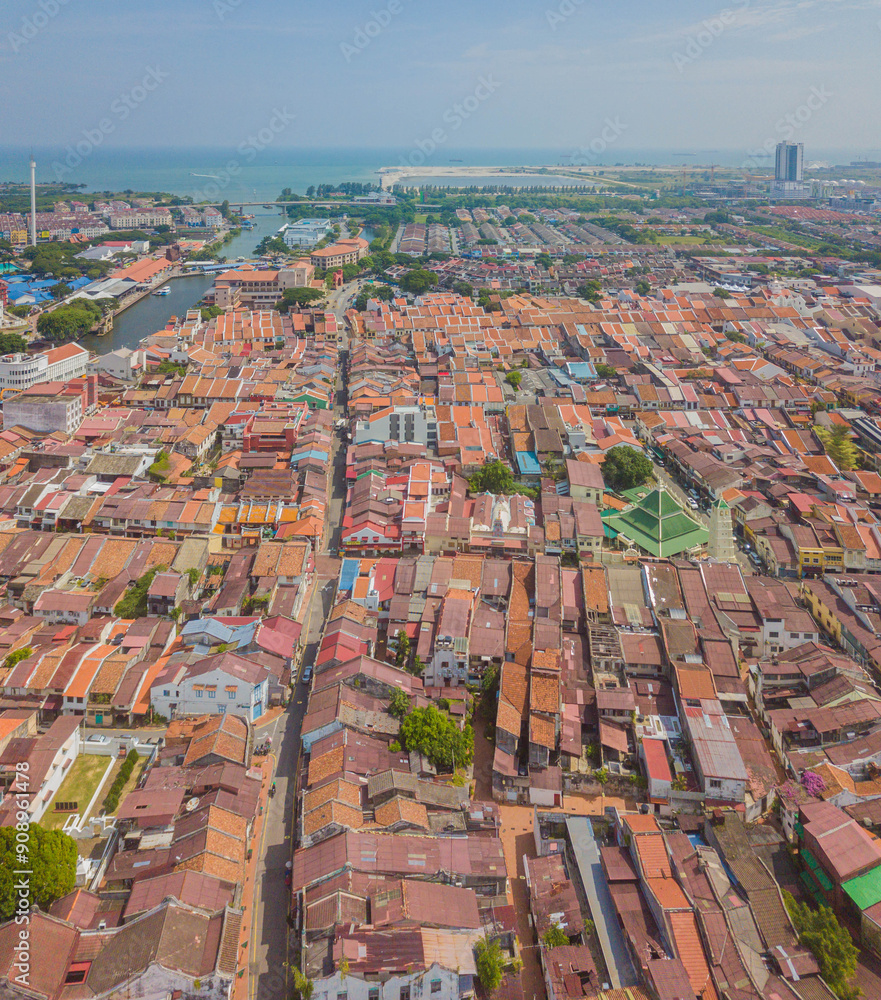 Aerial drone view of big and dense Malacca City with Malaysian ...