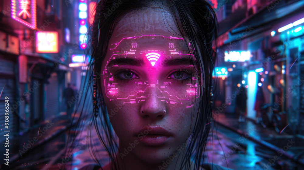 cyber security, A determined female face with angular features and ...