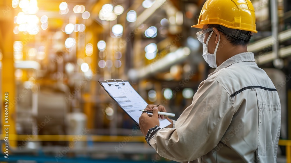 The image captures an industrial work setting where a worker in safety ...