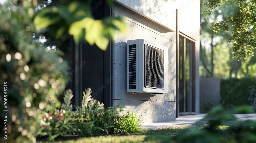 A modern air conditioner unit is mounted on the exterior wall of a ...
