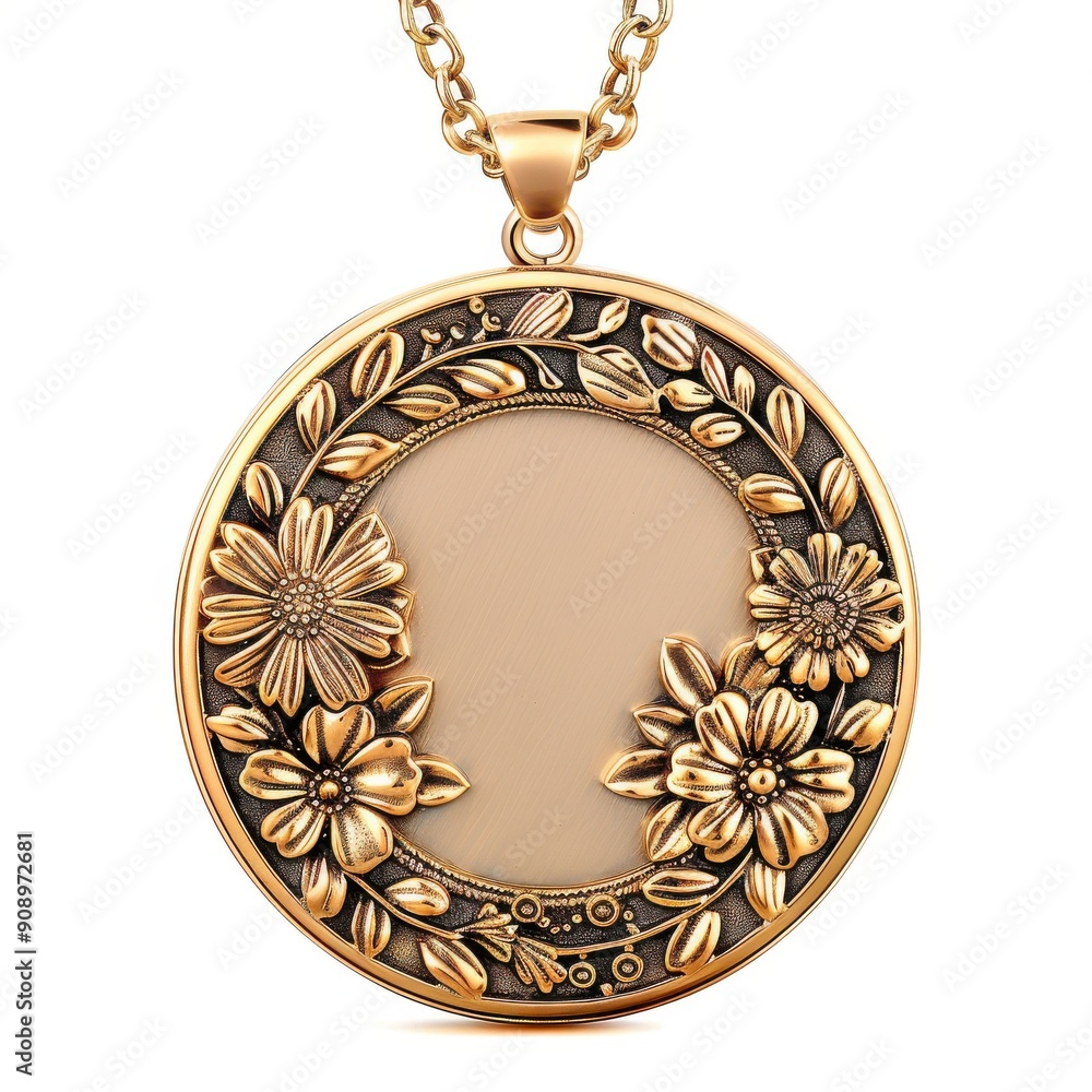 Gold medal with a floral border, isolated white background, front view ...