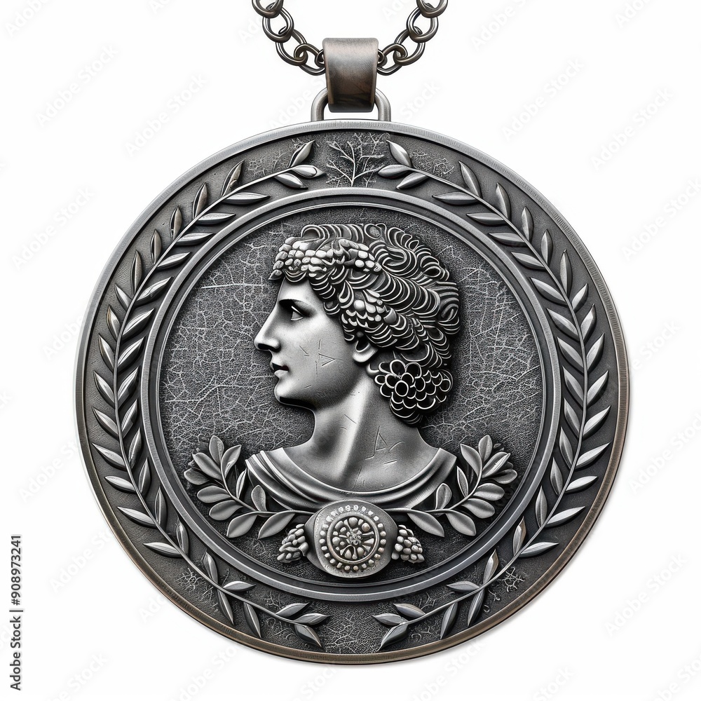 Vintage silver medal with worn texture, isolated white background, side ...