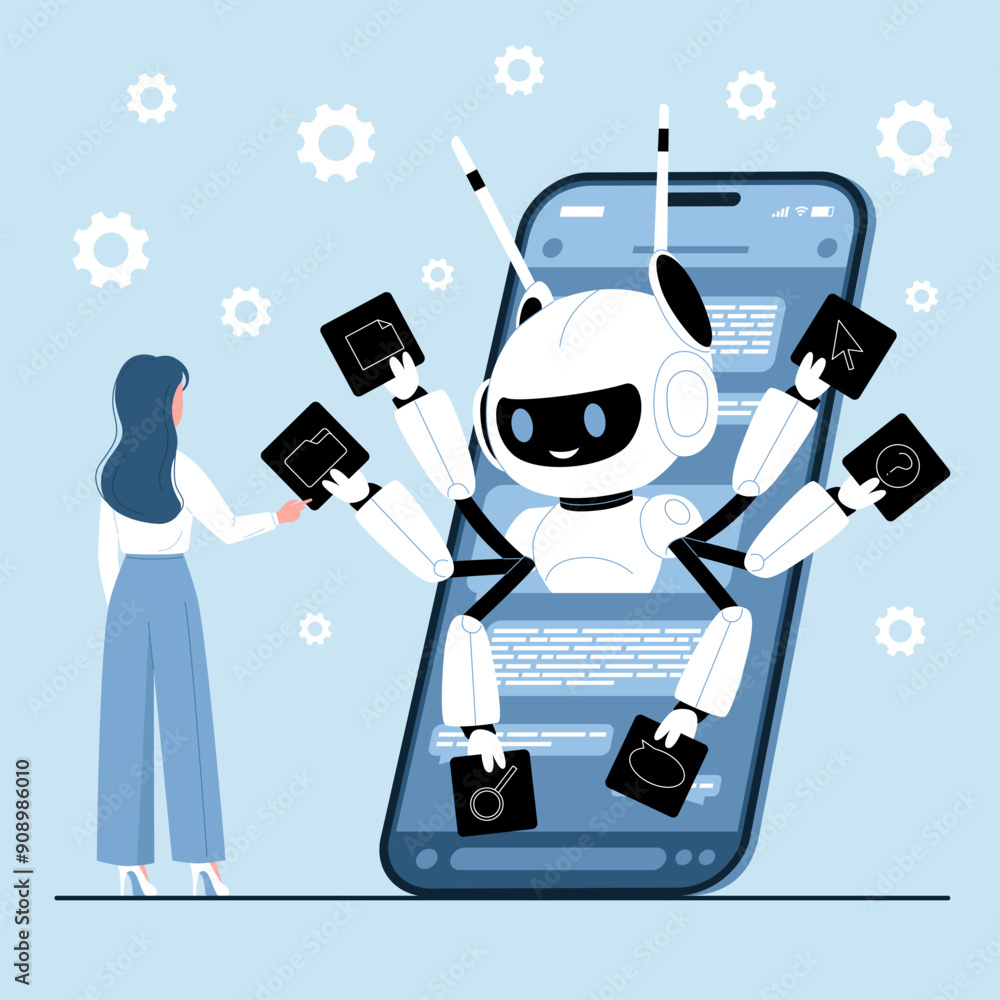 Productivity and automation of chatbot assistant. Tiny woman working ...