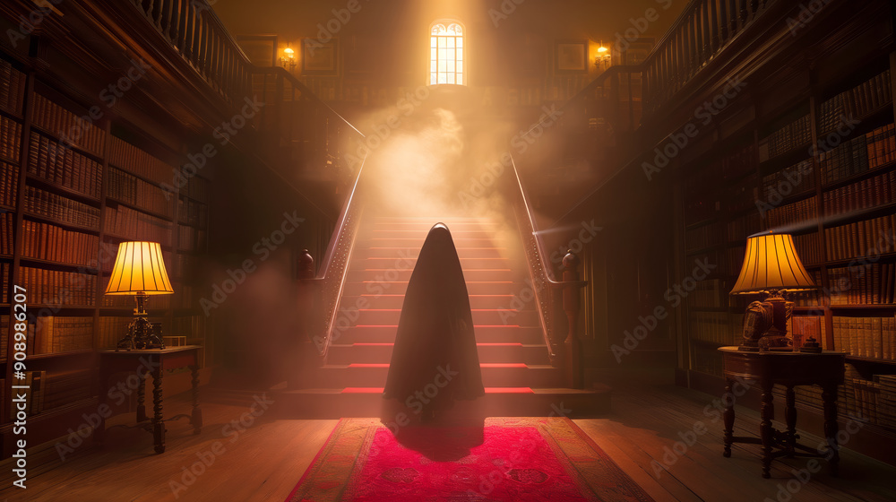 Ghostly dark figure standing at the base of a staircase in a dimly lit ...