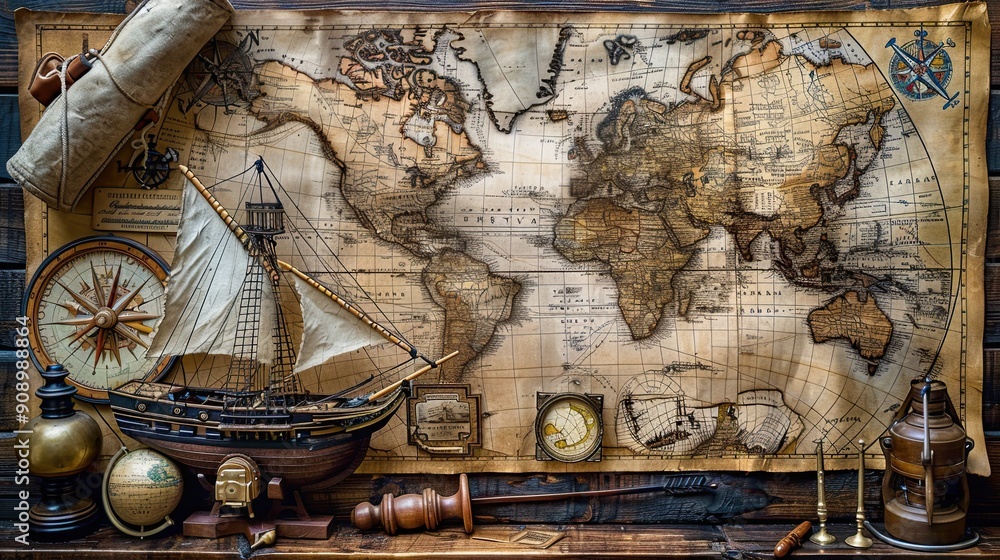 Heroic depiction of a famous explorer charting new territories, with ...