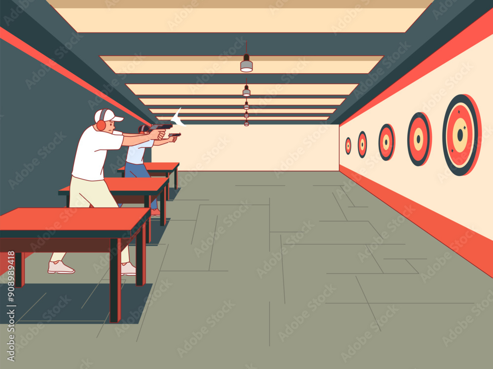 Shooting training. People in shooting range aim at round targets with ...