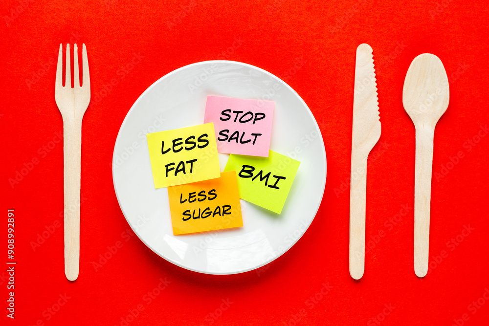 Unhealthy eating habits. Plate and colorful sticky notes with the words ...