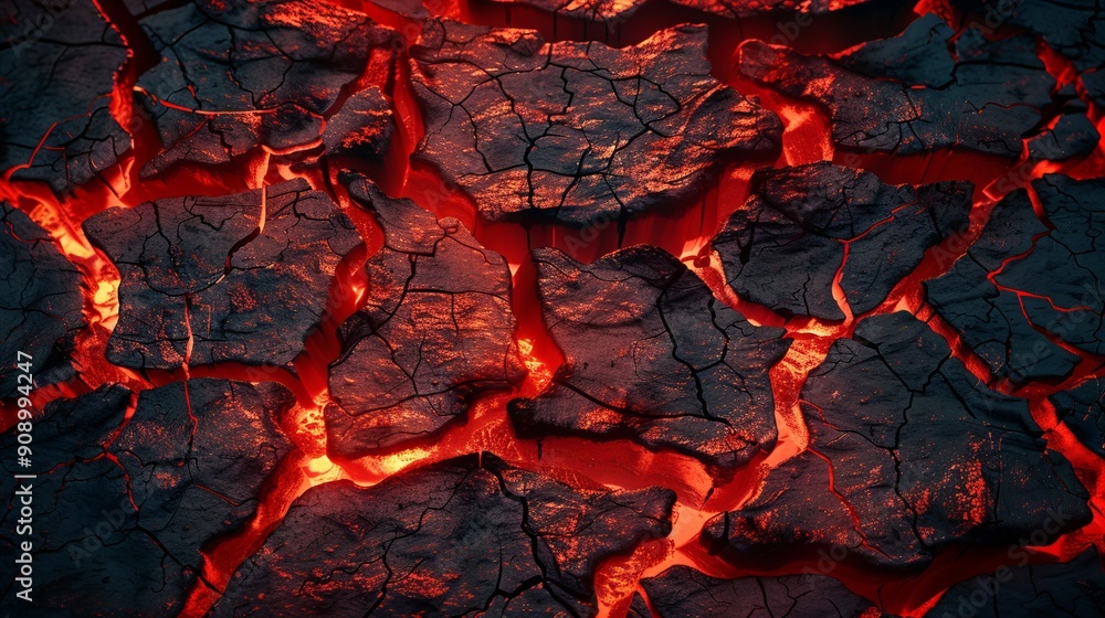 This image shows a landscape of cracked earth with vibrant, molten lava ...