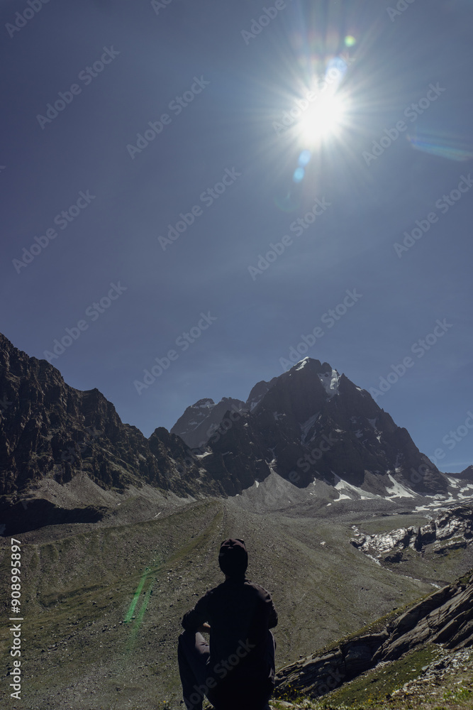 A man in peace against Kailash Parvat, a holy mountain and abode of ...