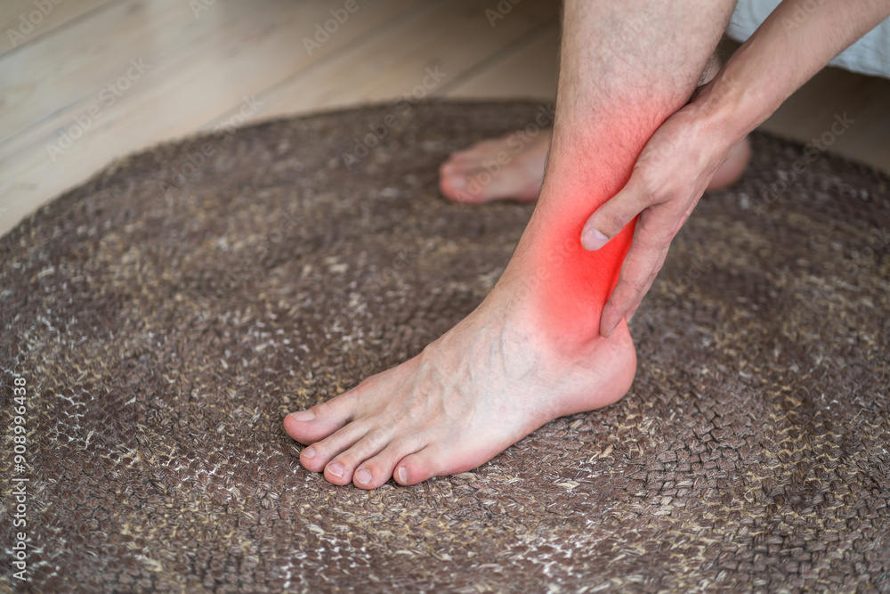 Achilles tendon injury, joint inflammation, foot pain, man suffering ...