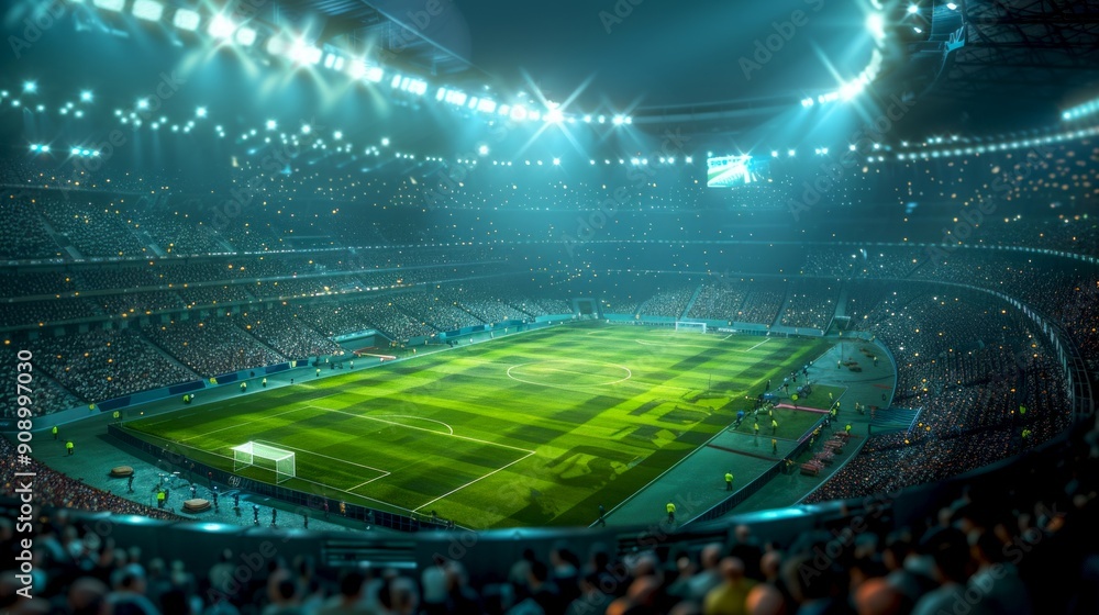 Brightly lit football stadium at night with green turf. Great for ...