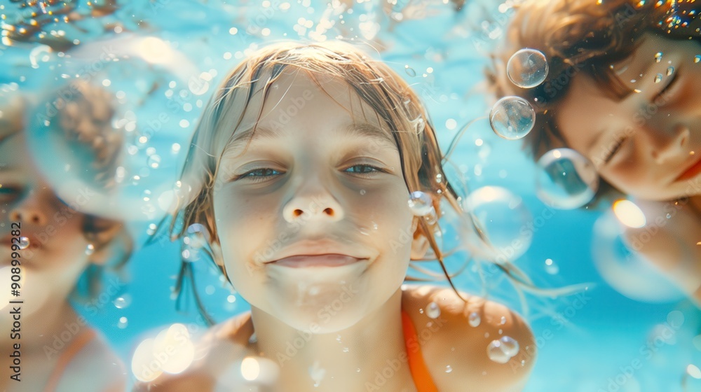 Children diving and swimming underwater in a clear blue pool, with ...
