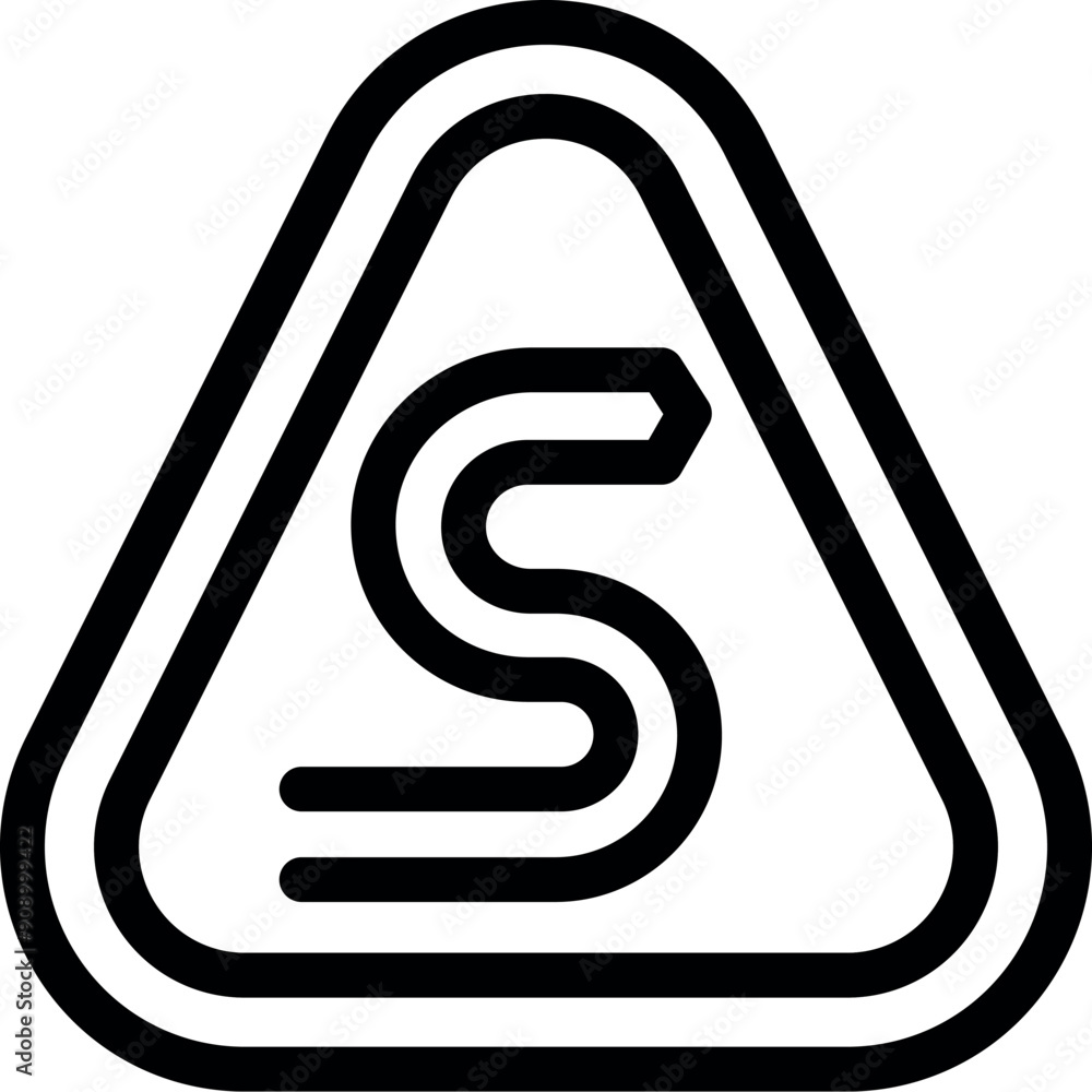 Black and white icon of a winding road sign, indicating an s bend ahead ...