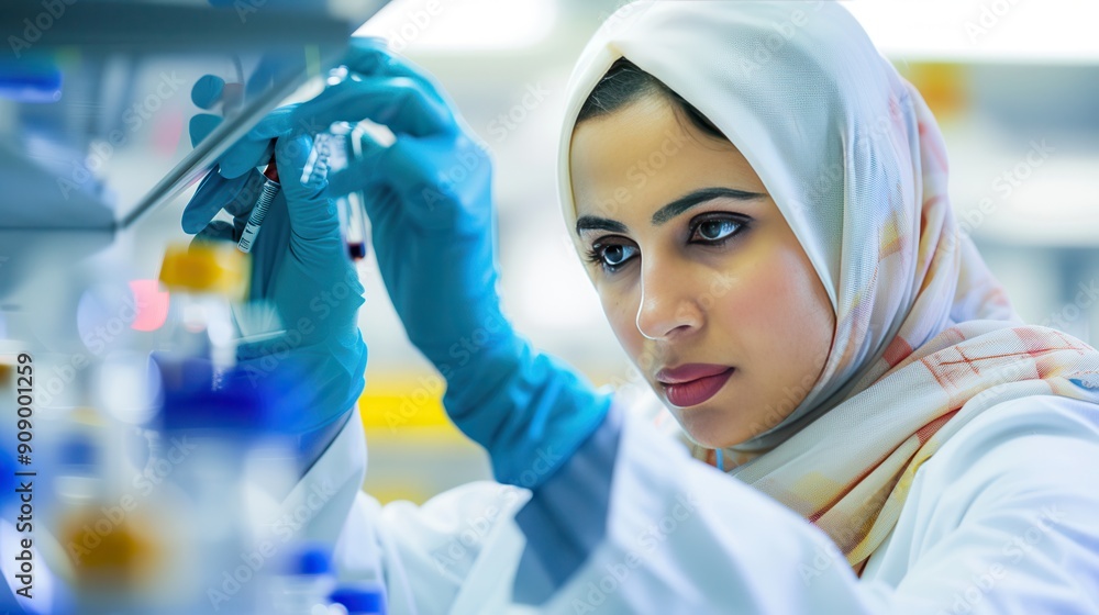 Female scientist of Middle Eastern descent examining medical vials in ...