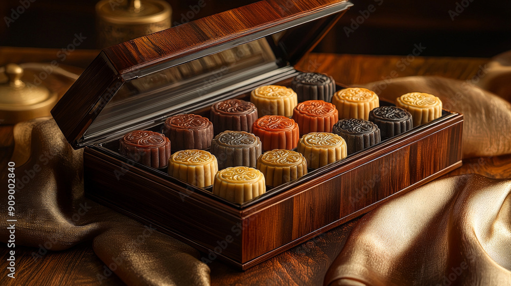 A luxury mooncake gift set, featuring an assortment of mooncakes in a ...