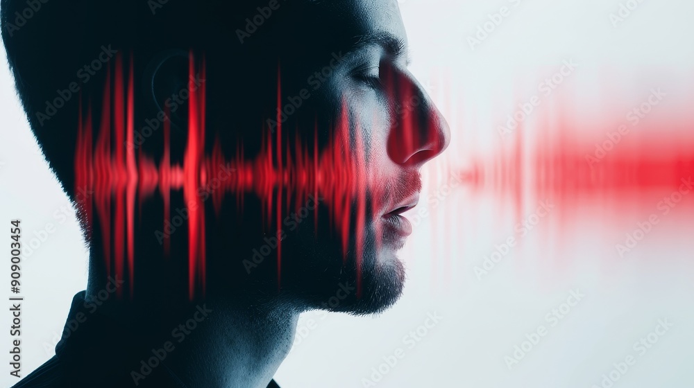 Voice actor in a recording booth, double exposure with abstract ...