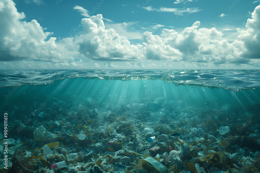 Marine and ocean waters polluted with plastic and garbage. Clear ...