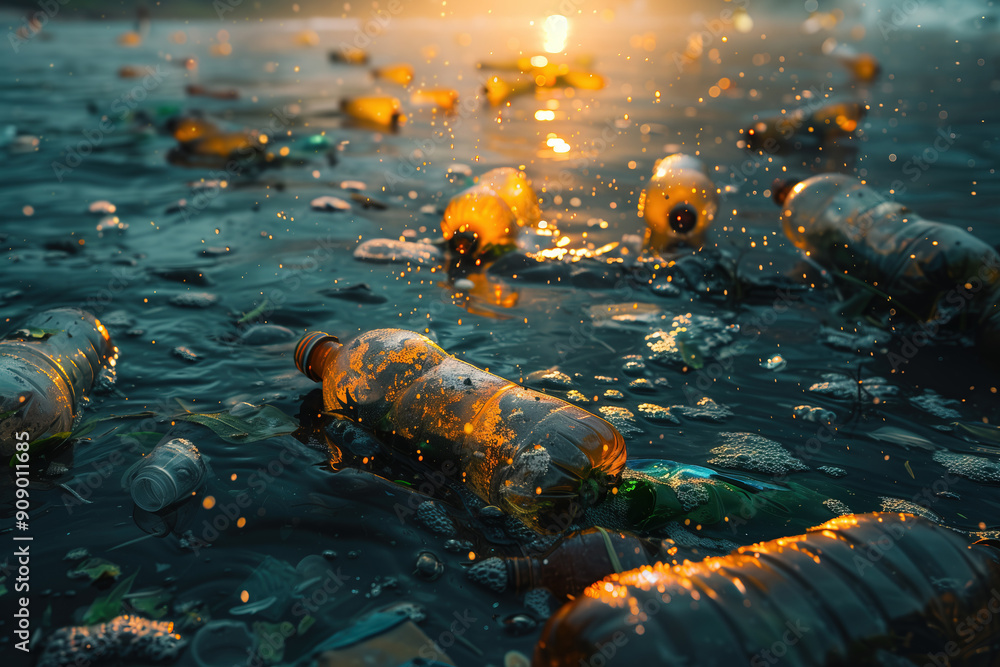 Plastic bottles and various trash float on surface of water under warm ...