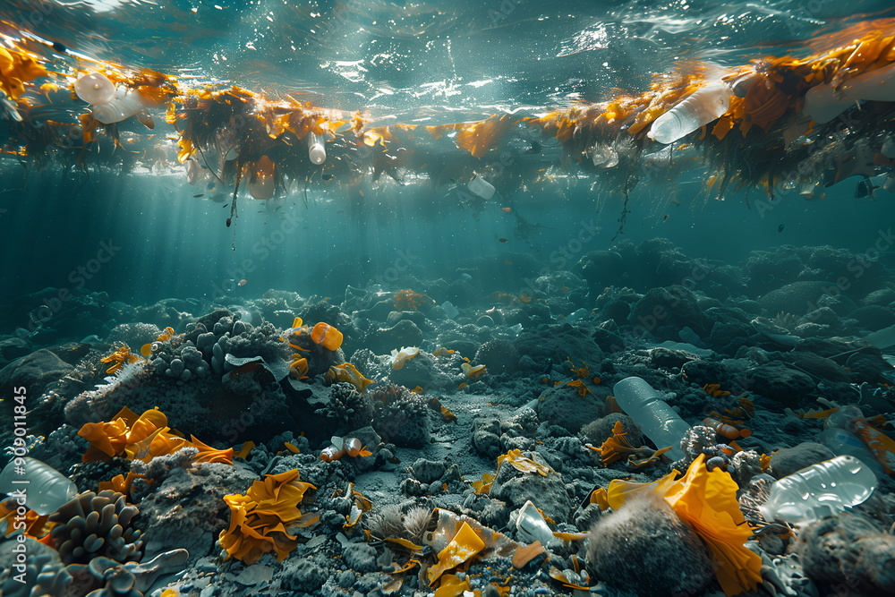 Marine and ocean waters polluted with plastic and garbage. Clear water ...