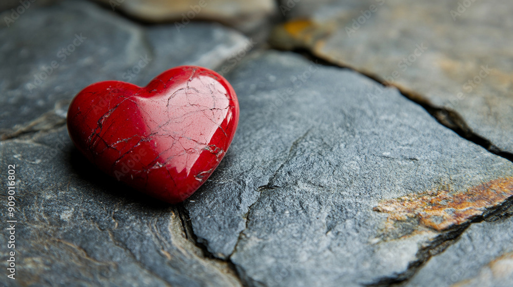 red stone heart rests on a cracked gray stone floor, symbolizing ...