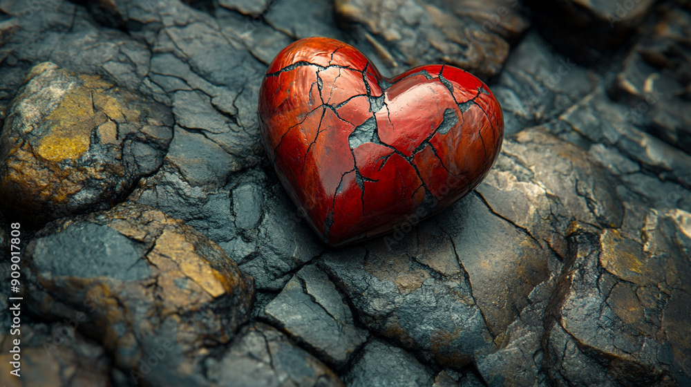 red stone heart rests on a cracked gray stone floor, symbolizing ...