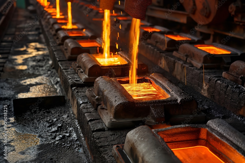 Liquid metal pouring from conveyor belt in foundry forms, manufacturing ...