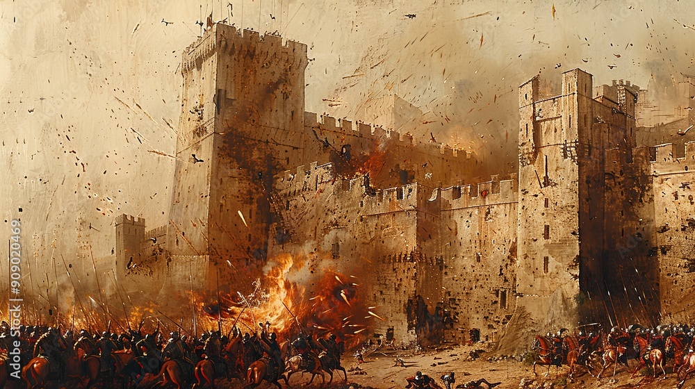 Siege of a medieval castle, with catapults launching fiery projectiles ...