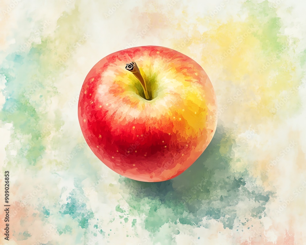 Apple fruit, flat design, top view, fresh produce theme, water color ...