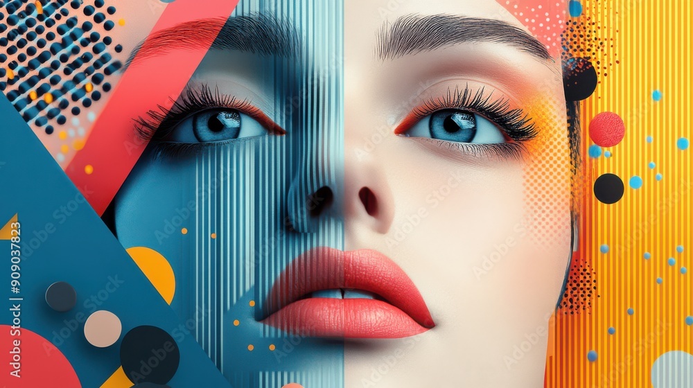 A woman's face is shown in a collage of different colored squares. The ...