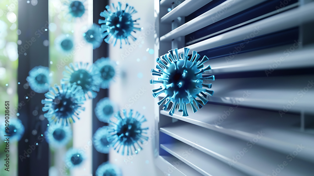 Blue viruses, white air vent, and grey background, highlighting the ...