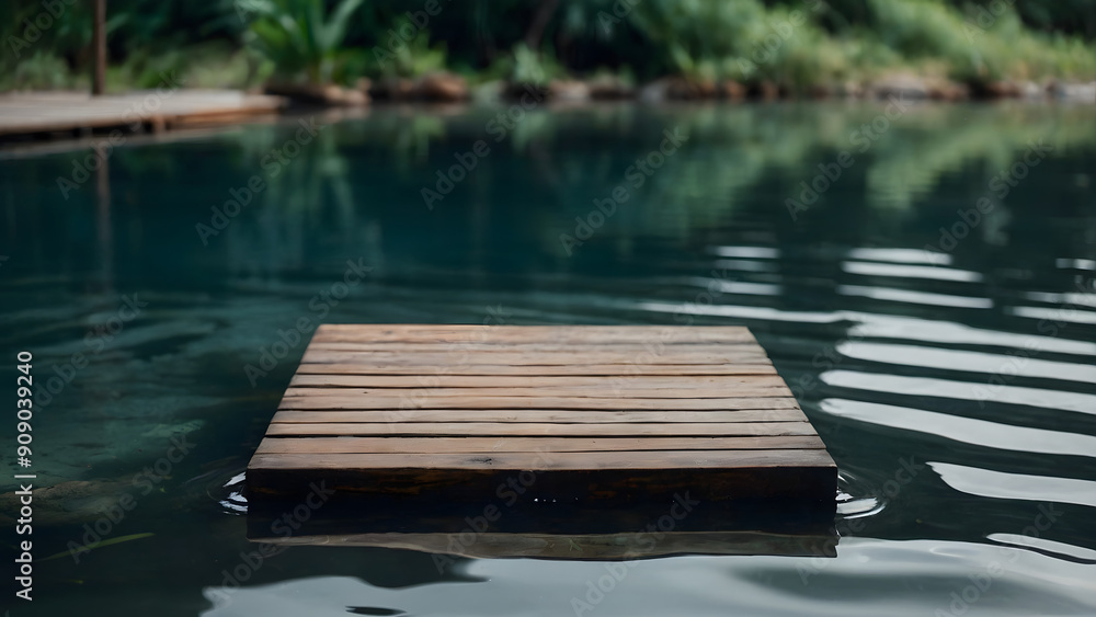 Floating wooden platform in the lake in the distance the shores are ...