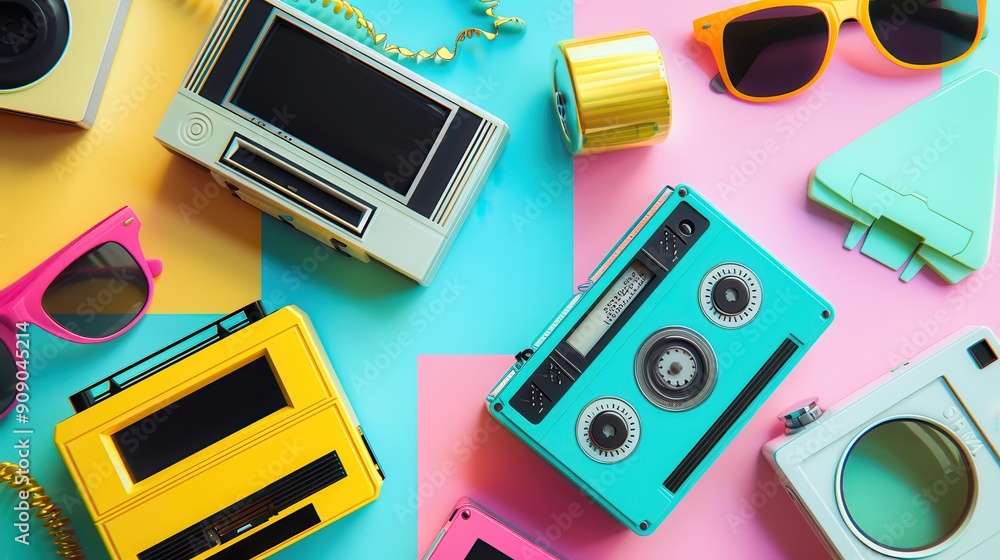 Nostalgic time capsule of the '80s featuring cassette tapes, vintage ...