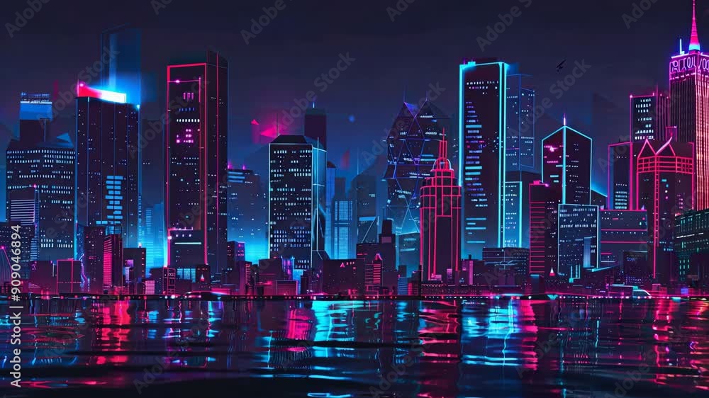 Vibrant neon city skyline at night with glowing buildings reflecting in ...