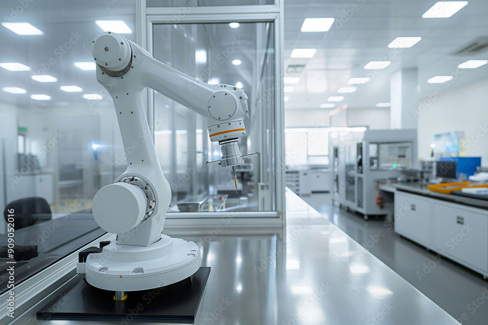 Modern robotic arm performing a task inside a cleanroom facility ...