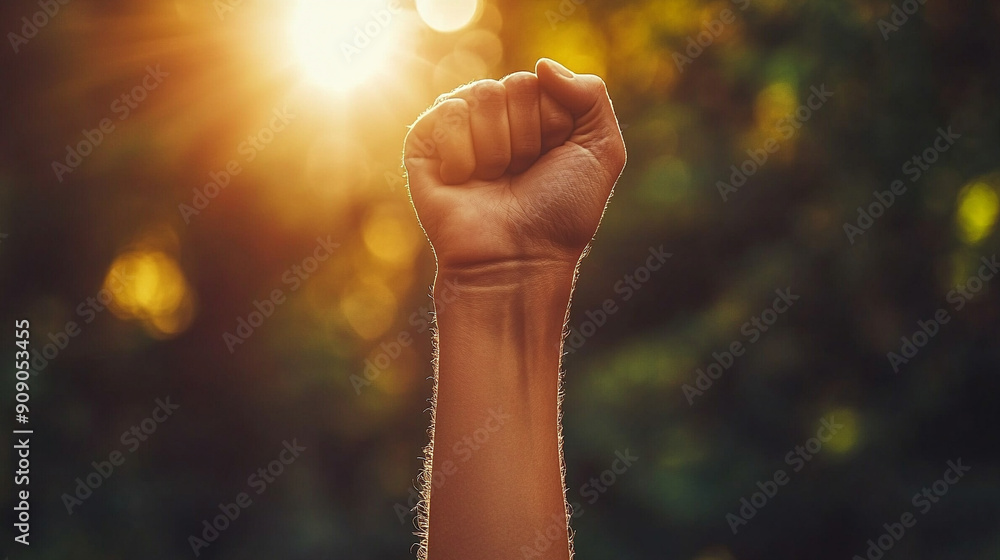 raised fist silhouetted against a radiant sun symbolizes strength, unity, and resilience. This ...
