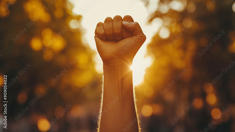 raised fist silhouetted against a radiant sun symbolizes strength, unity, and resilience. This ...