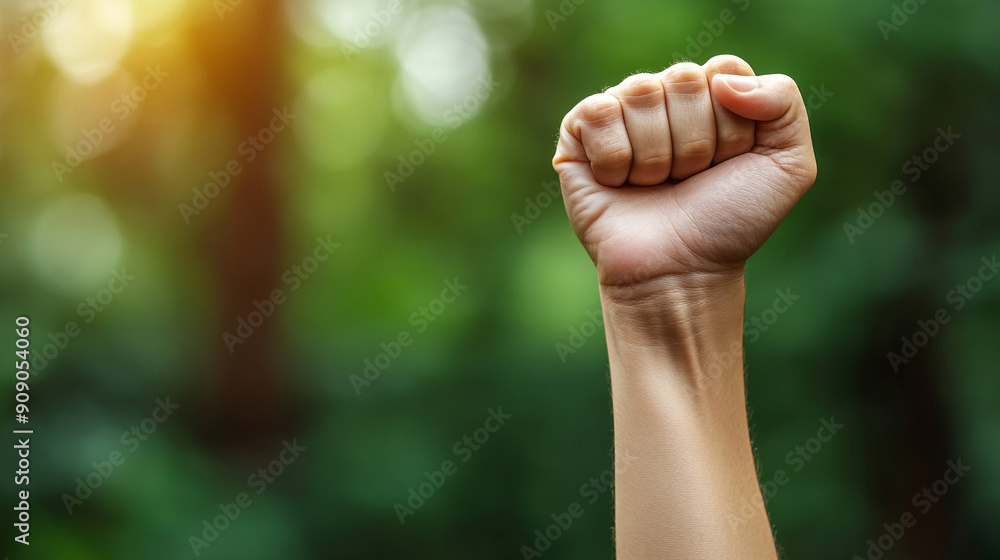 raised fist silhouetted against a radiant sun symbolizes strength, unity, and resilience. This ...