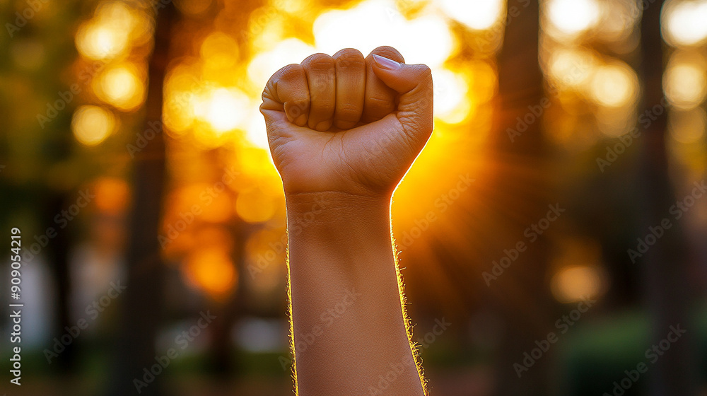 raised fist silhouetted against a radiant sun symbolizes strength, unity, and resilience. This ...