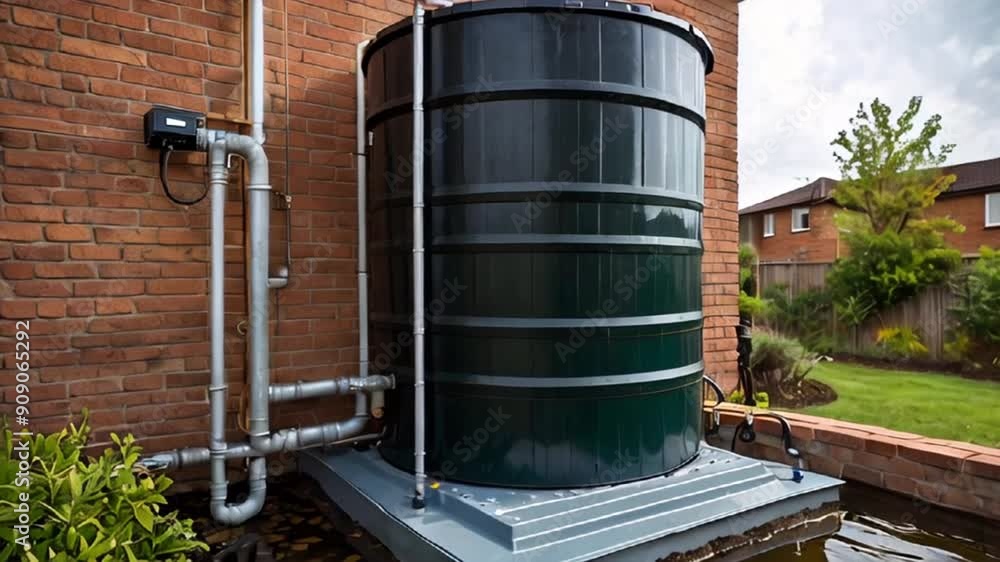 Residential rainwater harvesting tank system installed outside a brick ...