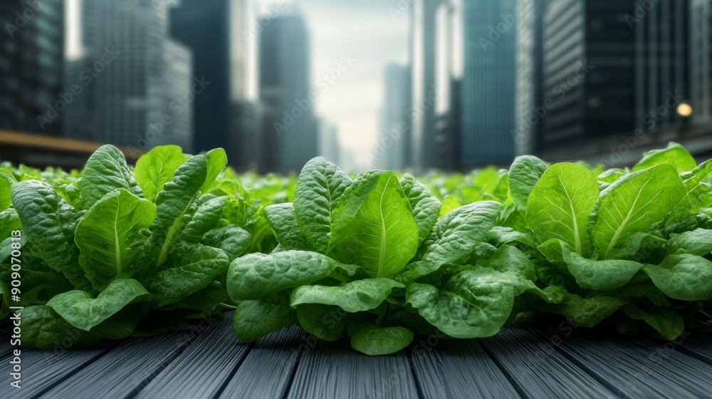 A field of vibrant green lettuce plants in front of a blurry cityscape ...