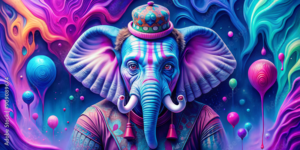 Brightly colored,fantastic,crowned elephant figure is surrounded by ...