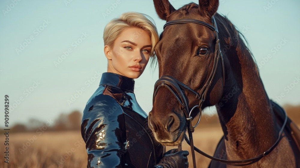 blonde woman with short hair, sporty figure, 37 years old, in a dark ...