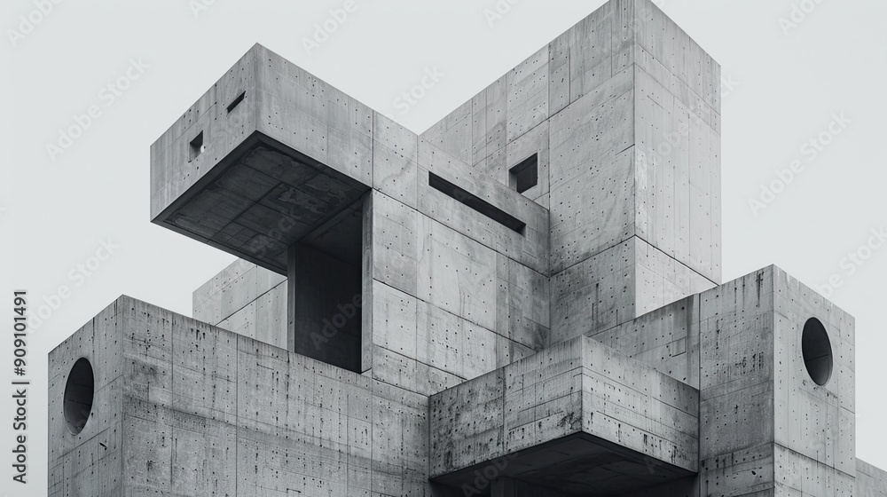 An imposing neo-brutalist building with raw concrete walls, angular ...