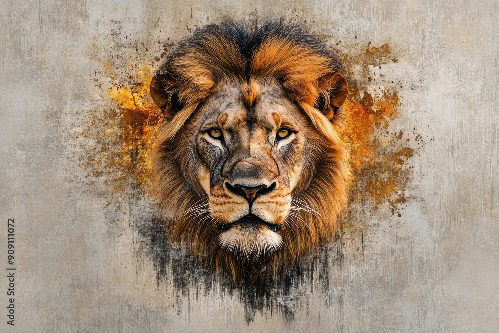lion head with silver background, with a tiny splash of colors in the ...