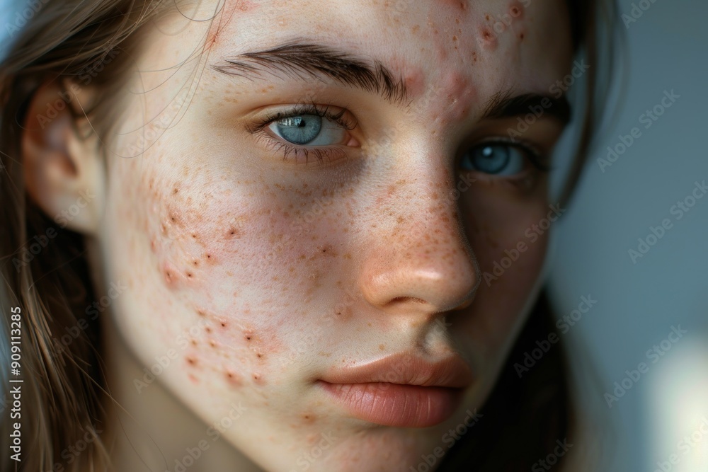 Young sad Woman with acne skin problem, hormonal acne, close up. Acne ...