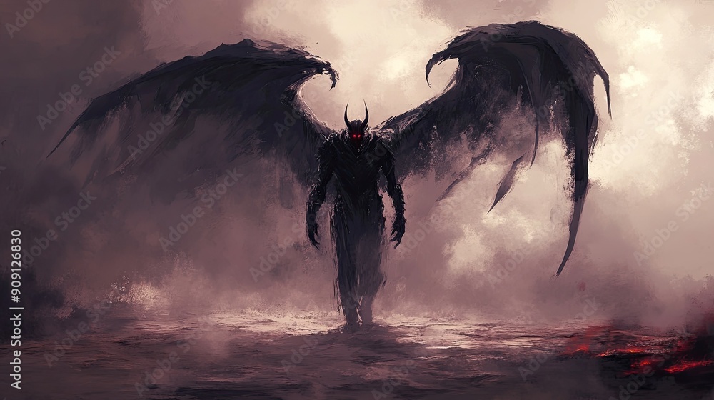 A lone demon in anime style, with piercing eyes and dark wings ...