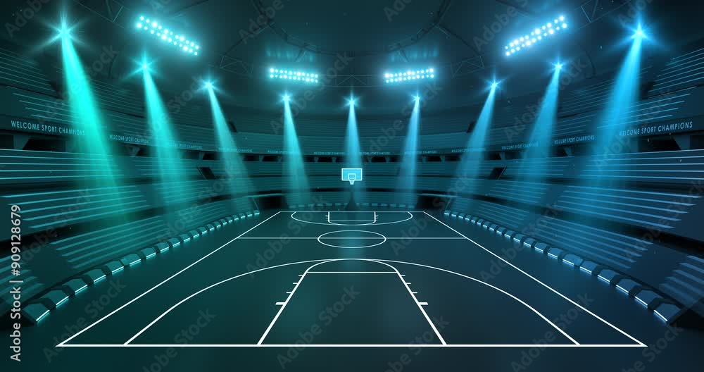 Futuristic basketball arena at night with shining spotlights and ...